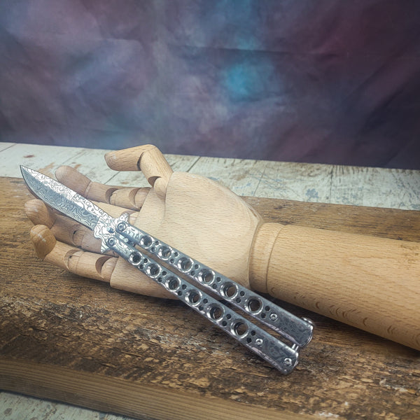 Jackson Damascus Etched tooled Drilled Butterfly Balisong Flip Knife ...